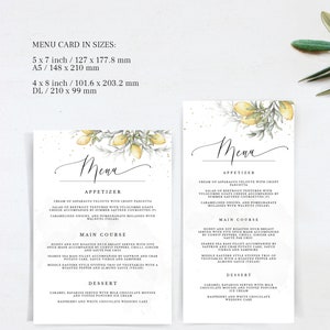 Lemon Printable Personalised Wedding Menu Card Template - Etsy