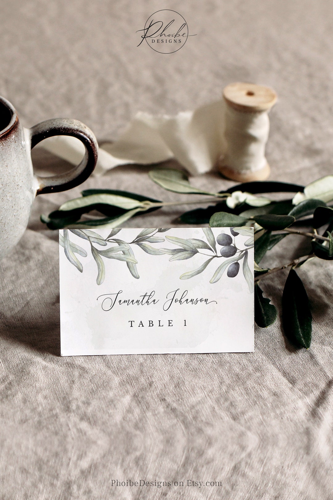 Olive Printable Wedding Table Name Tag Template, Watercolour Boho ...