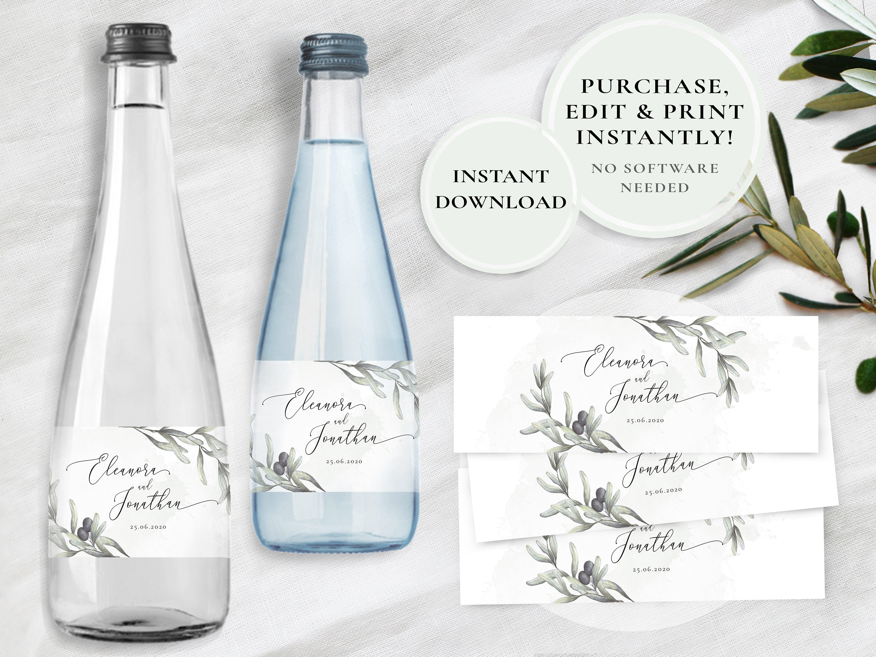 Olive Printable Water Bottle Label Tag Template, Watercolor, Boho ...
