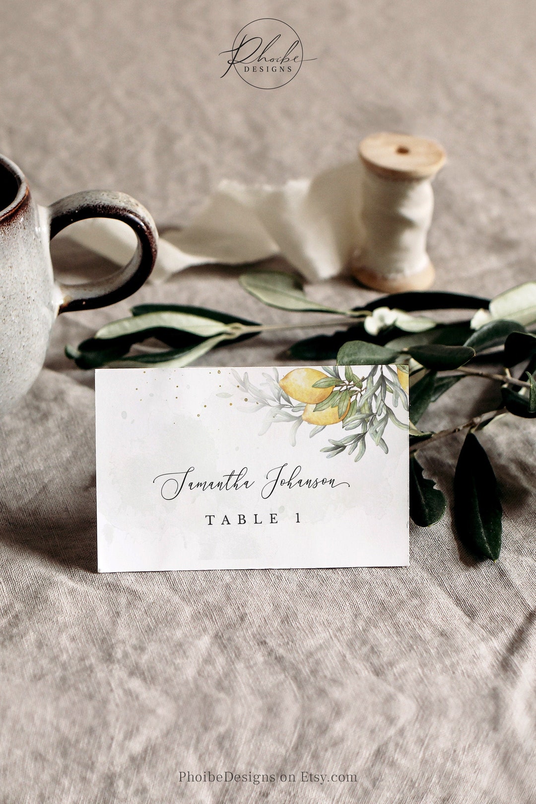 Lemon Printable Wedding Table Name Tag Template, Watercolour Boho ...