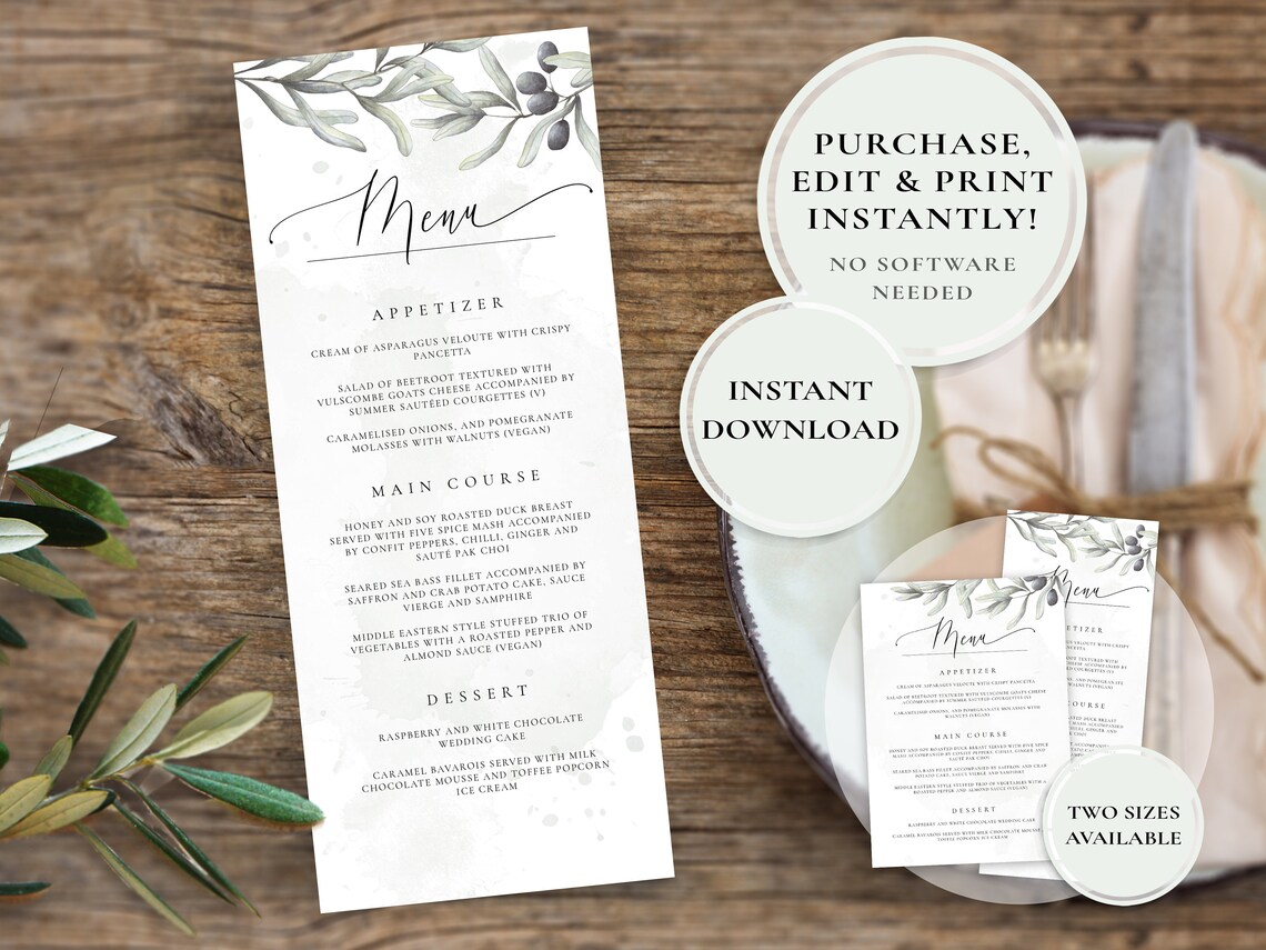Olive Printable Personalised Wedding Menu Card Template, Watercolor ...