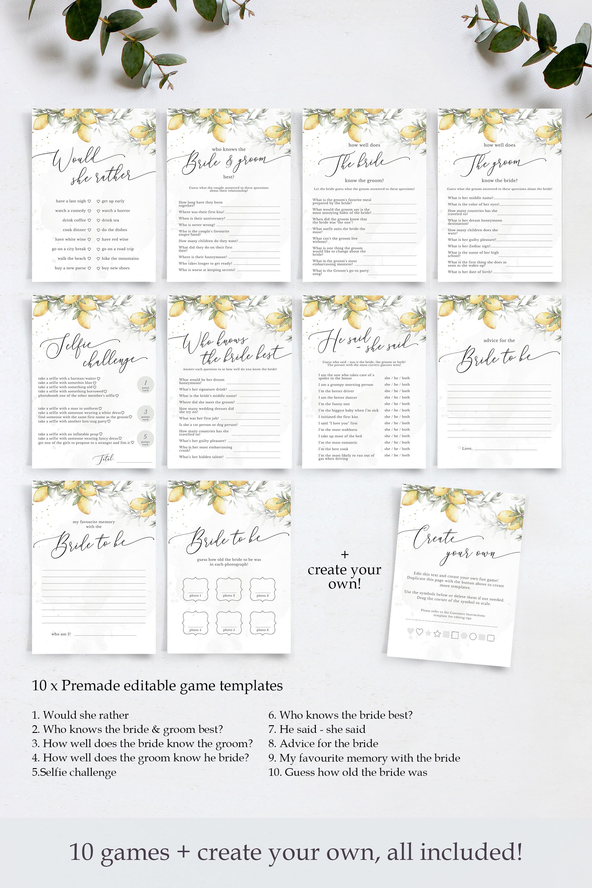 Lemon Bridal Shower Games Printable Hen Party Game Templates - Etsy UK