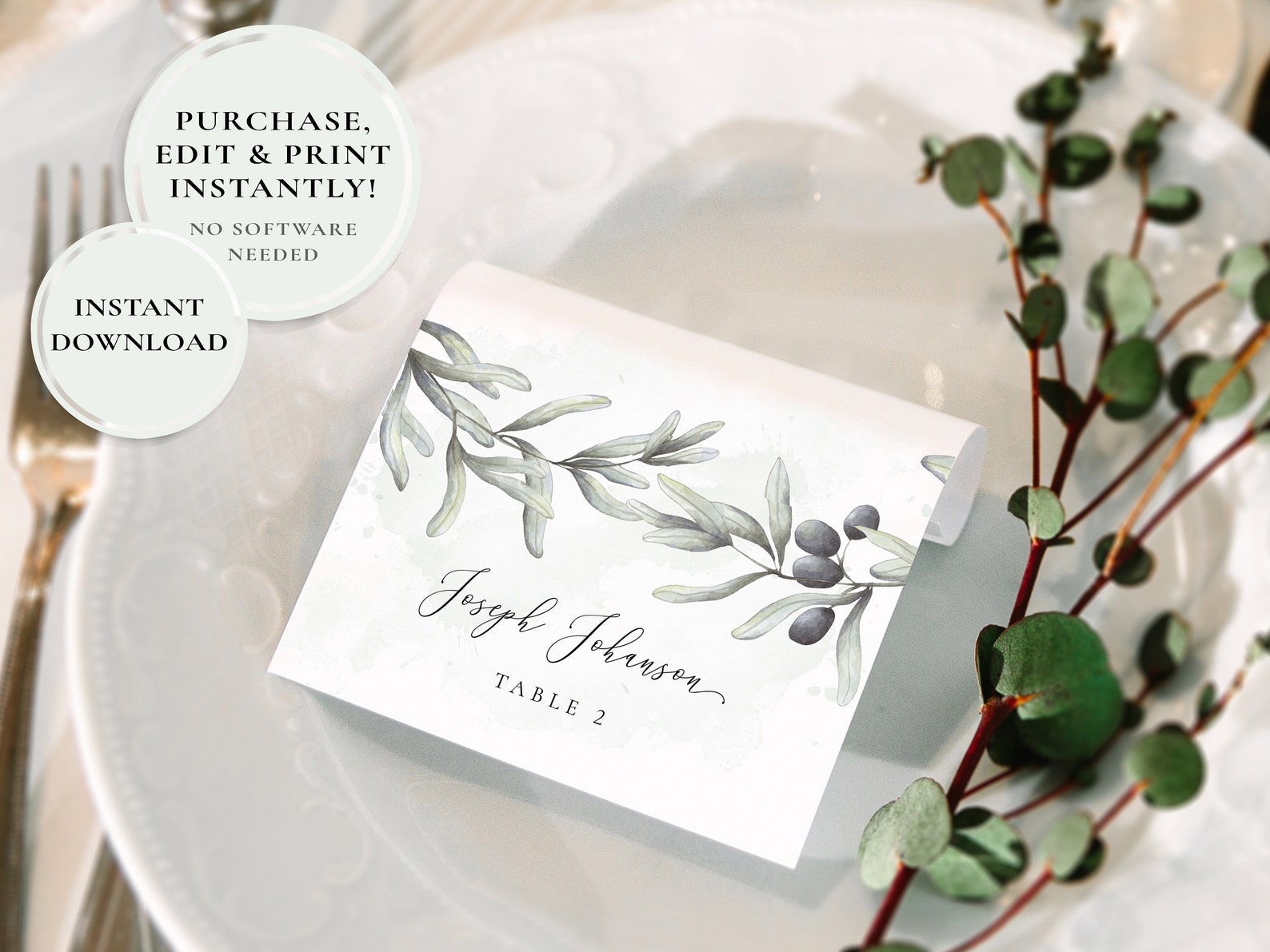 Olive Printable Wedding Table Name Tag Template, Watercolour Boho ...