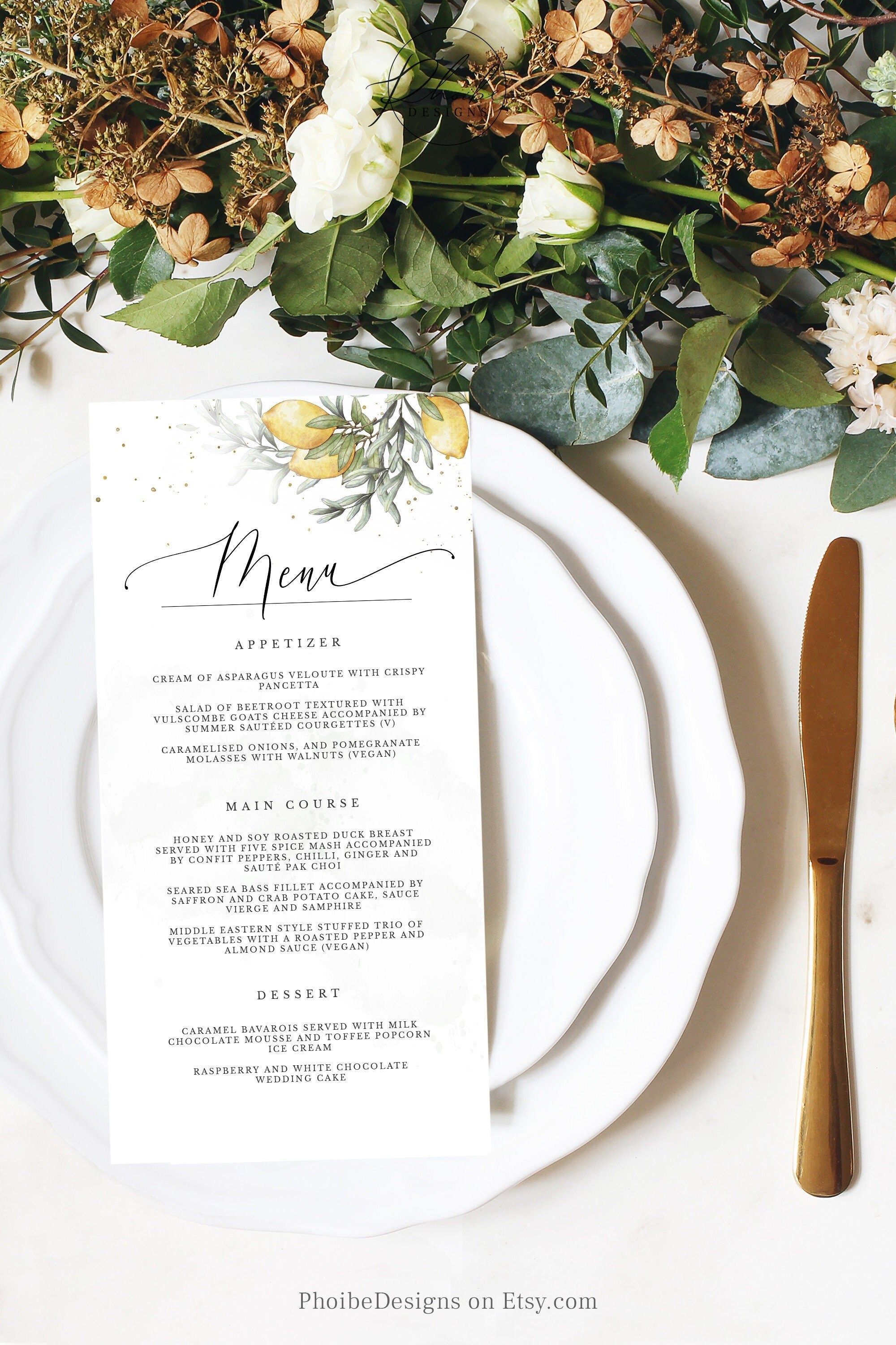 Lemon Printable Personalised Wedding Menu Card Template - Etsy