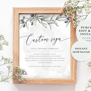 Olive Wedding Sign: Watercolor Greenery, Custom Printable (instant ...
