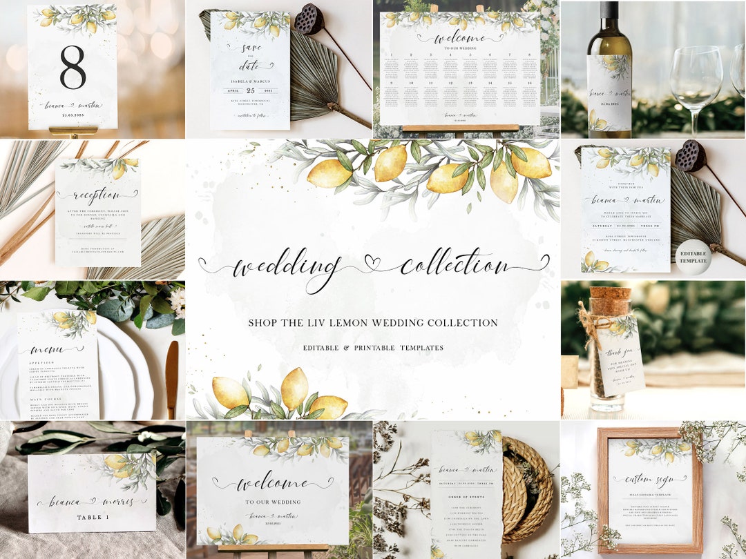 Lemon Wedding Invitation Bundle Template, Lemon Wedding Suite, Editable ...
