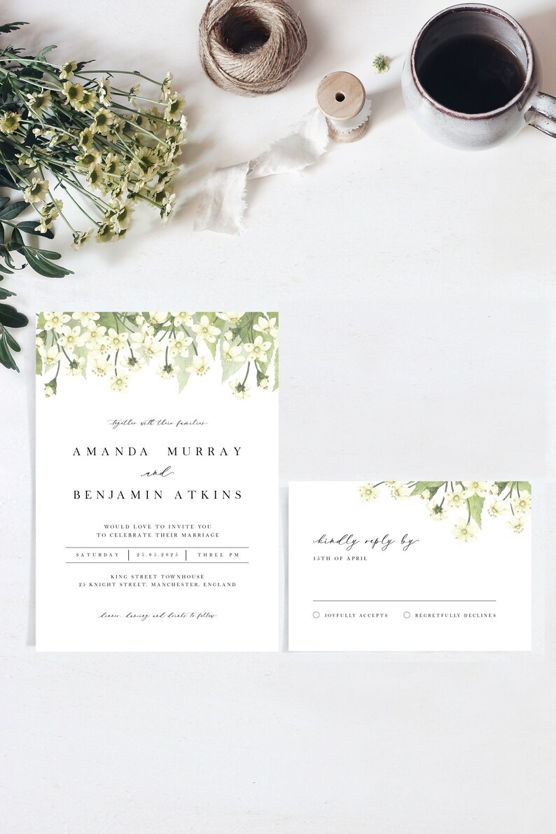 Elder Flower Wedding Invitation Template, Printable Watercolor Green ...