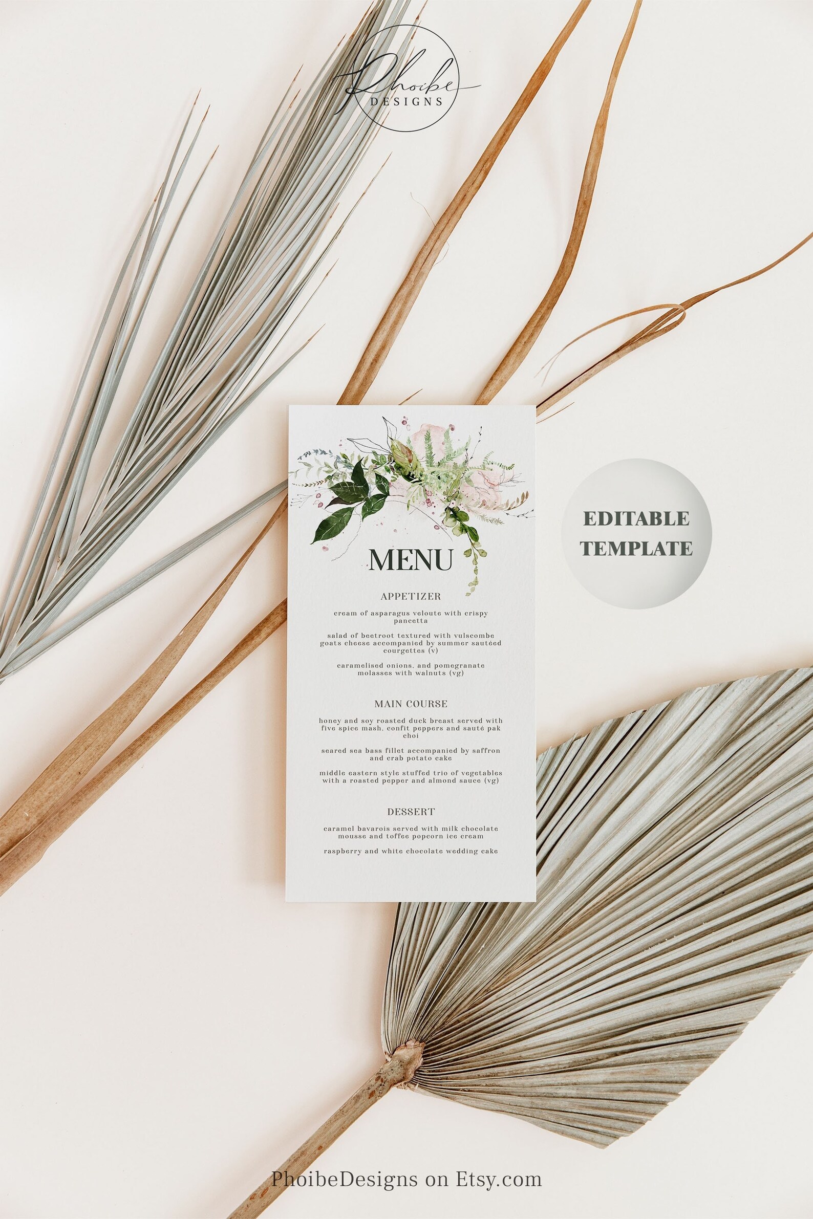 Wedding Menu Template, Garden Theme Wedding Printable Menu Card, Modern ...