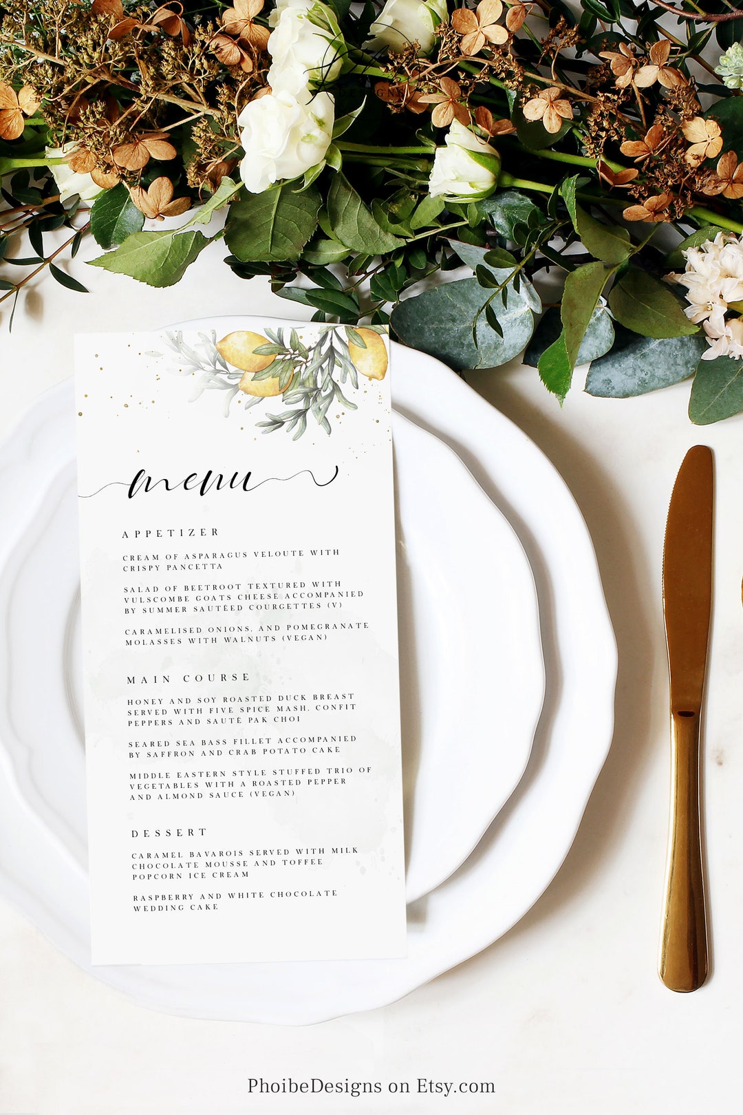 Lemon Wedding Menu Card Template, Editable & Printable Menu, Watercolor ...