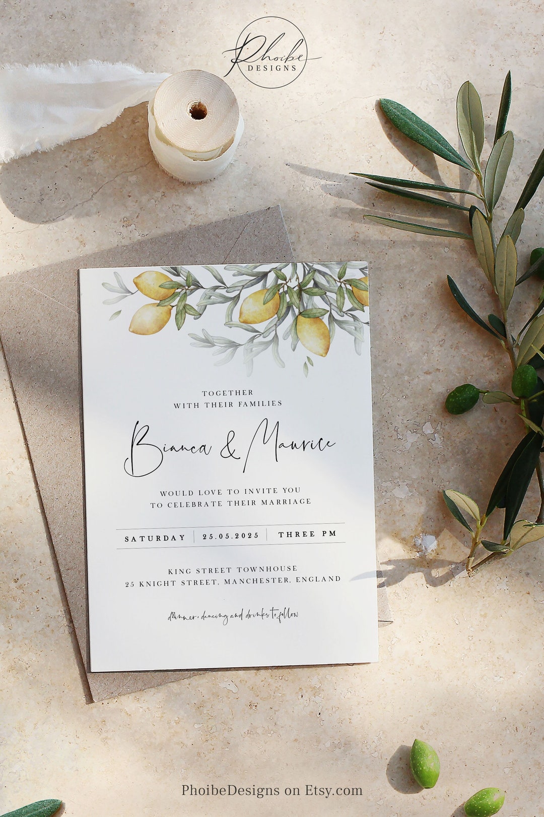 Modèle d'invitation de mariage citron, faire-part de mariage olive ...