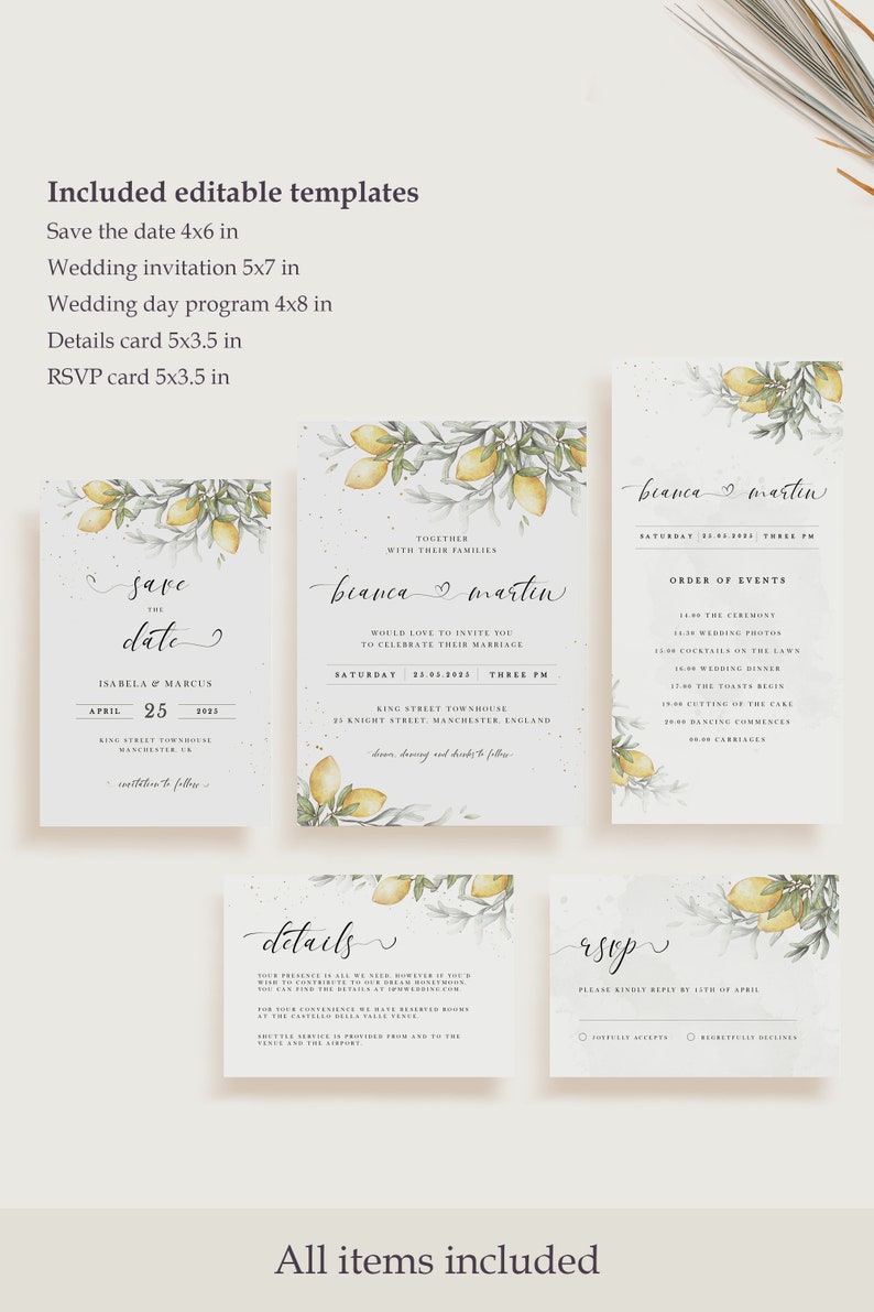 Lemon Wedding Invitation Template Suite Printable Olive and | Etsy