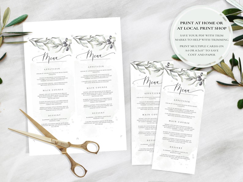 Olive Printable Personalised Wedding Menu Card Template, Watercolor ...