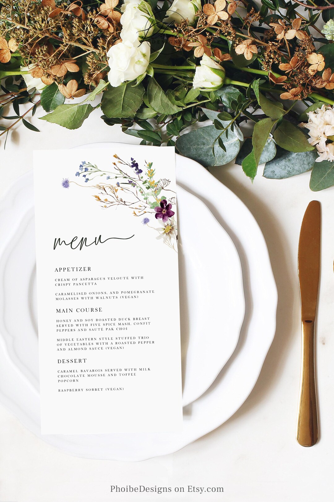 Rustic Wildflower Wedding Menu Template: Editable 4x8" (instant ...