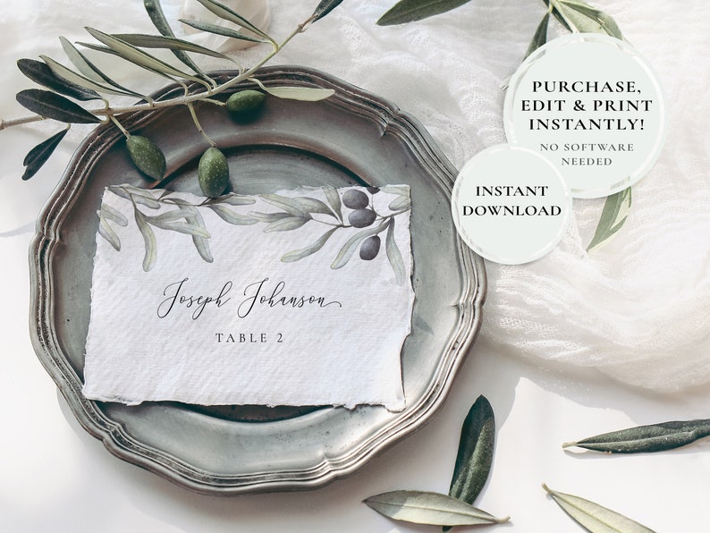 Olive Printable Wedding Table Name Tag Template, Watercolour Boho ...