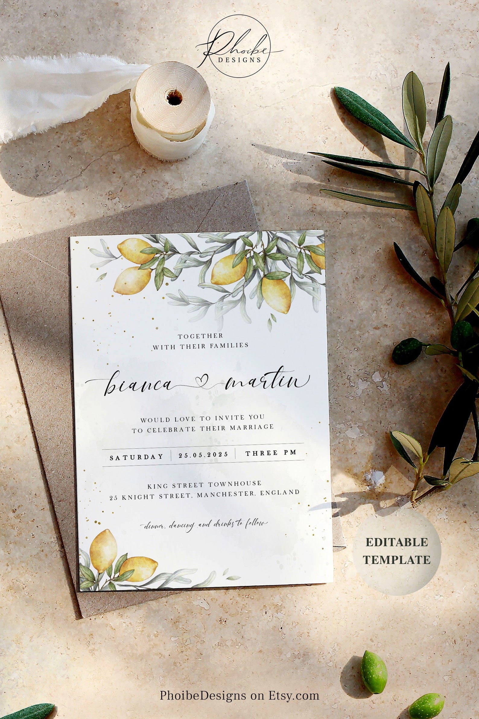 Lemon Wedding Invitation Template Olive Wedding Invitation | Etsy
