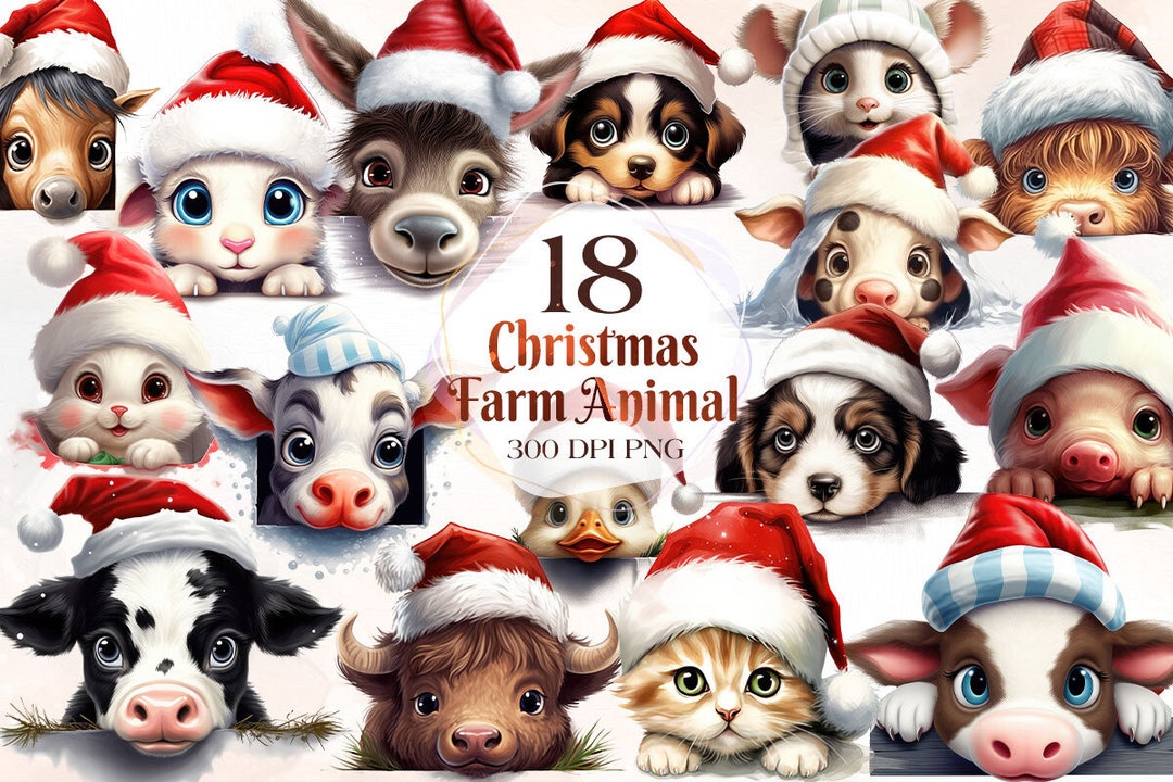 Christmas Farm Animal Peeking Clipart Graphics - Etsy