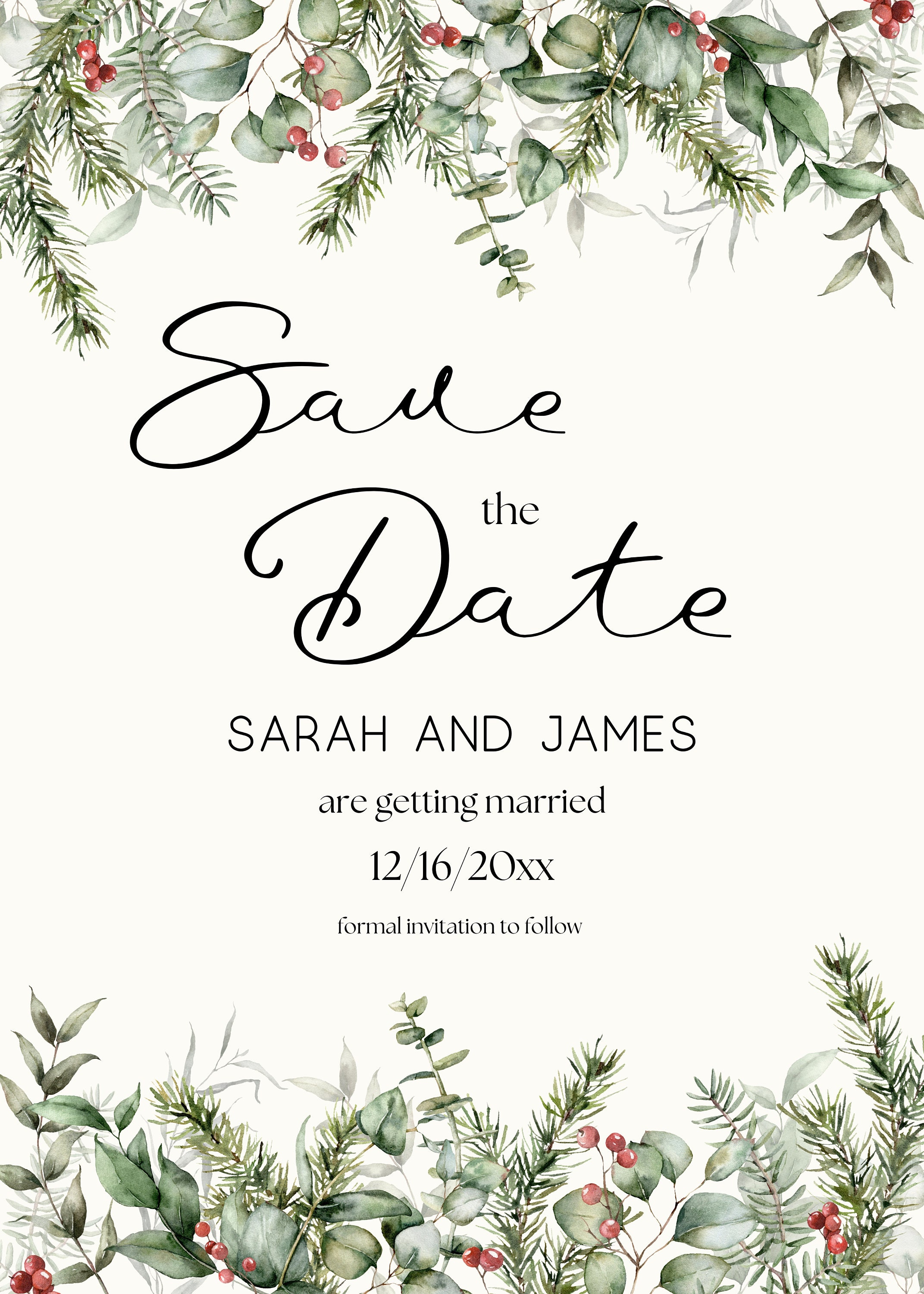 Winter Wedding Invitation Set, Christmas Wedding, Greenery, Neutral ...