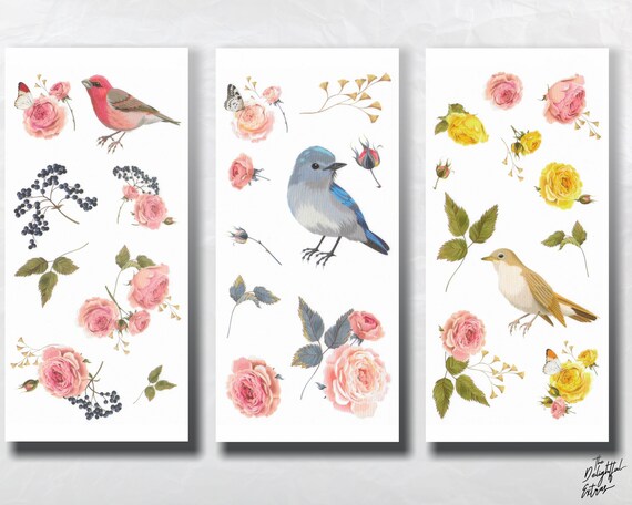 Watercolour Bird and Flower Stickers Bird and Rose Die-cut | Etsy UK