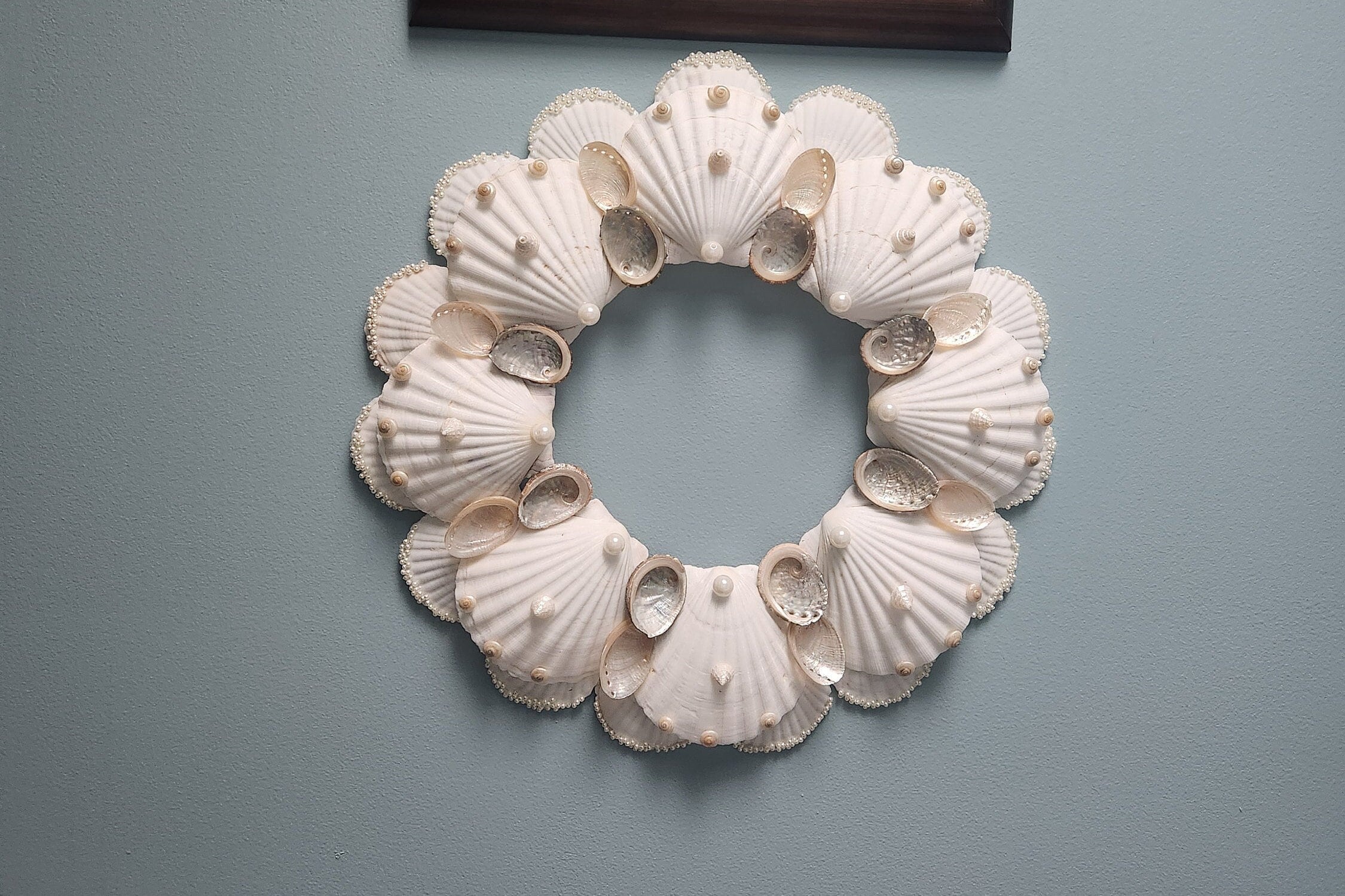 Large White Lions Paw Scallop Shell Wreath With Abalone Coastal Decor ...