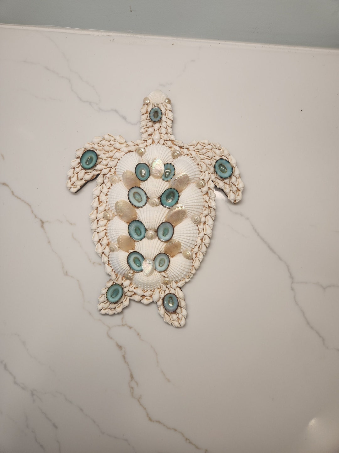 Sea Turtle Seashell Mosaic White Blue Coastal Decor - Etsy