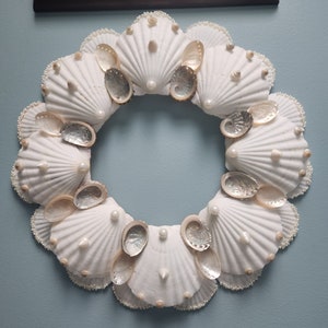 Large White Lions Paw Scallop Shell Wreath With Abalone Coastal Decor ...