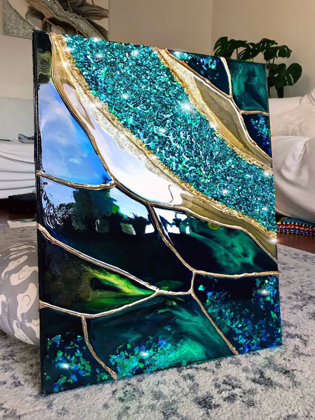 Emerald Geode Canvas, Geode Wall Art, Resin Painting, Epoxy Artwork ...