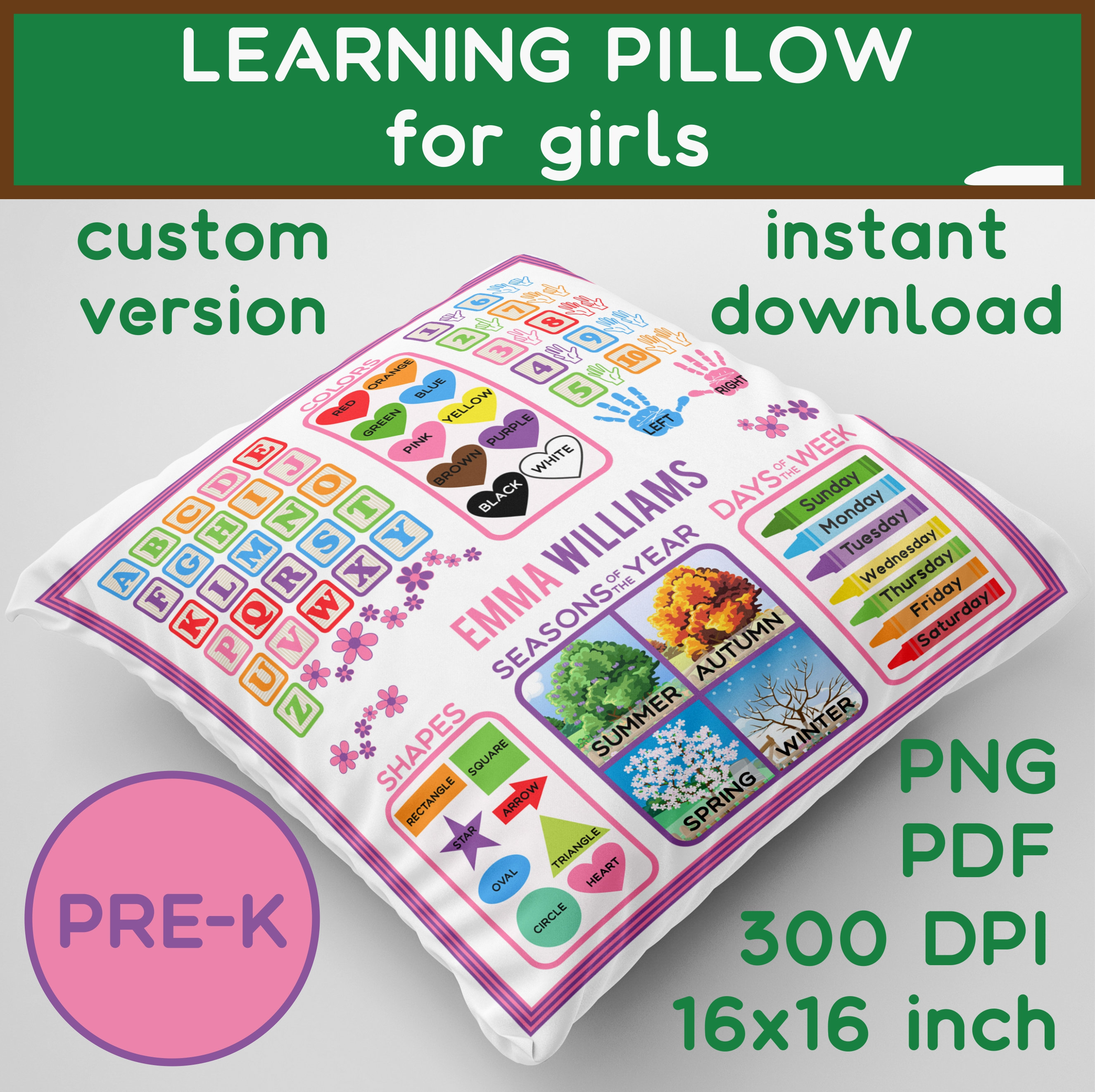 Learning Pillow PNG Learning Design Pre K Gift for Girl Sublimation ...
