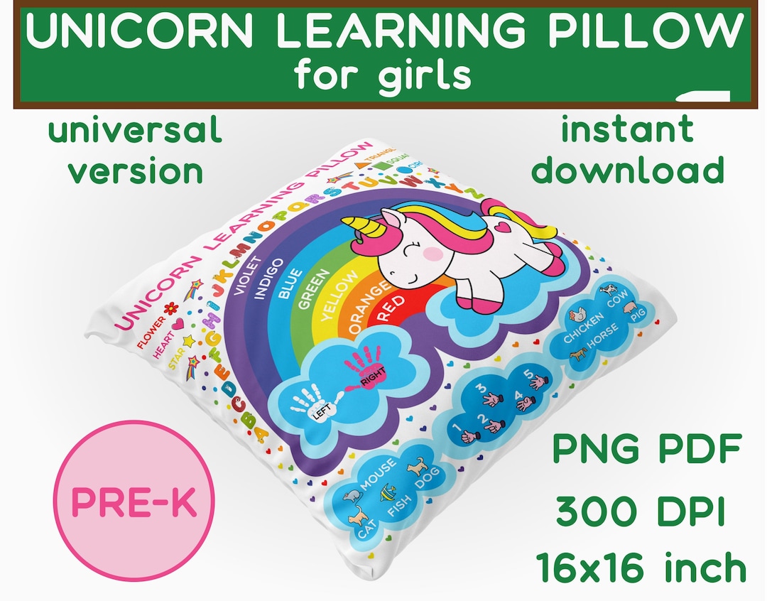 Unicorn Pillow Learning Pillow PNG Pre K Sublimation File Custom Kids ...