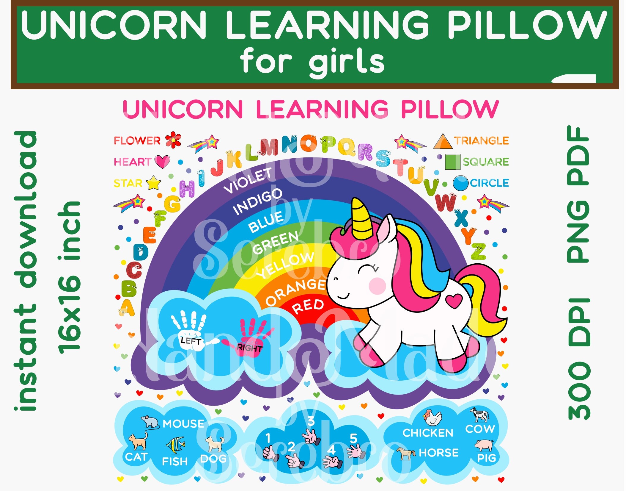 Unicorn Pillow Learning Pillow PNG Pre K Sublimation File Custom Kids ...
