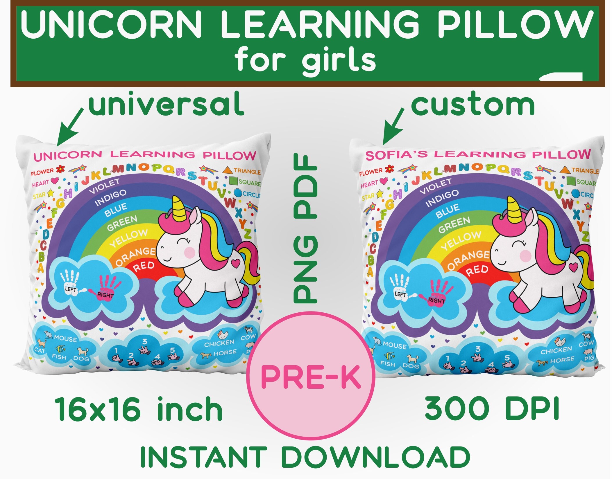 Unicorn Pillow Learning Pillow PNG Pre K Sublimation File Custom Kids ...