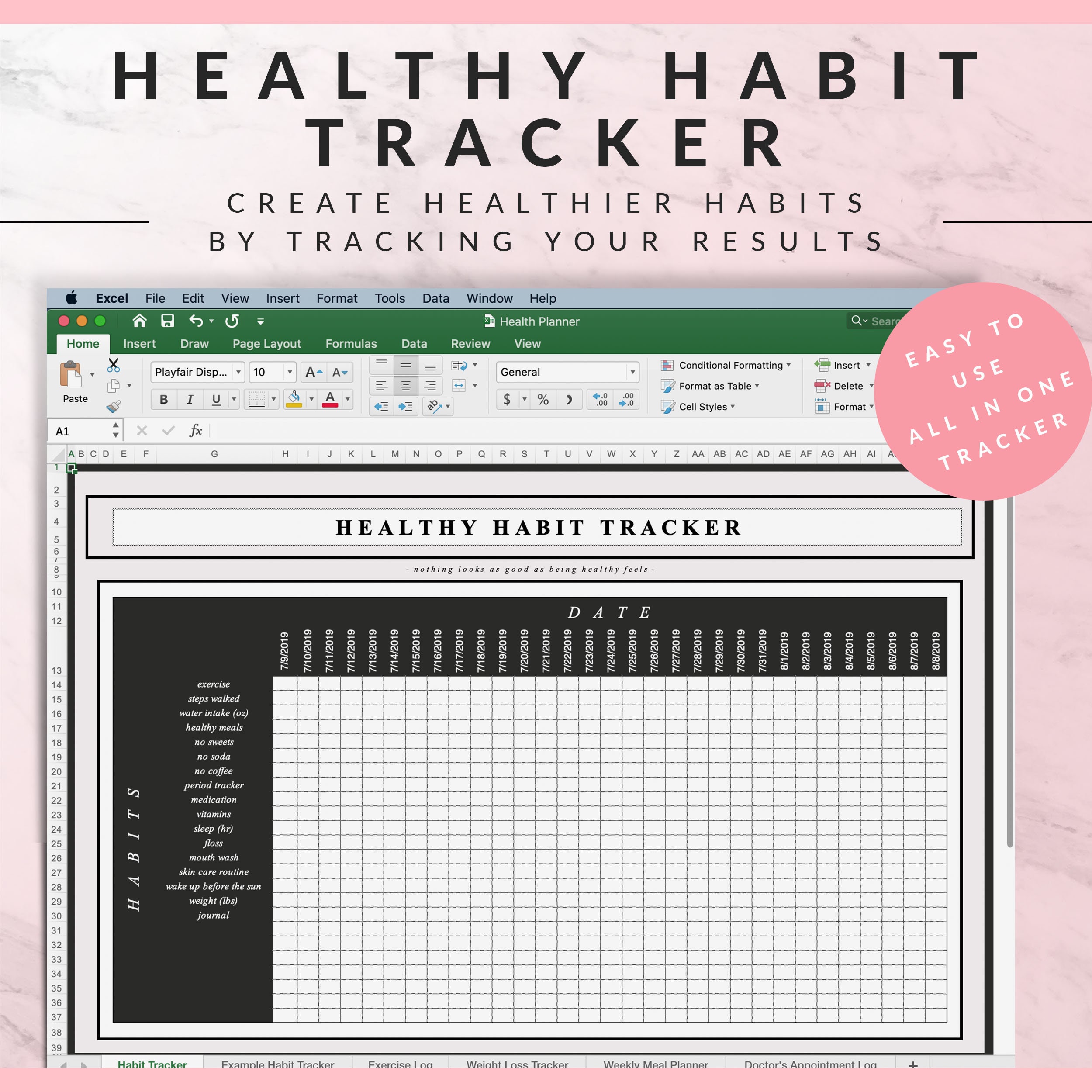 Health Planner Fitness Planner Meal Planner Pink Excel Spreadsheet and ...