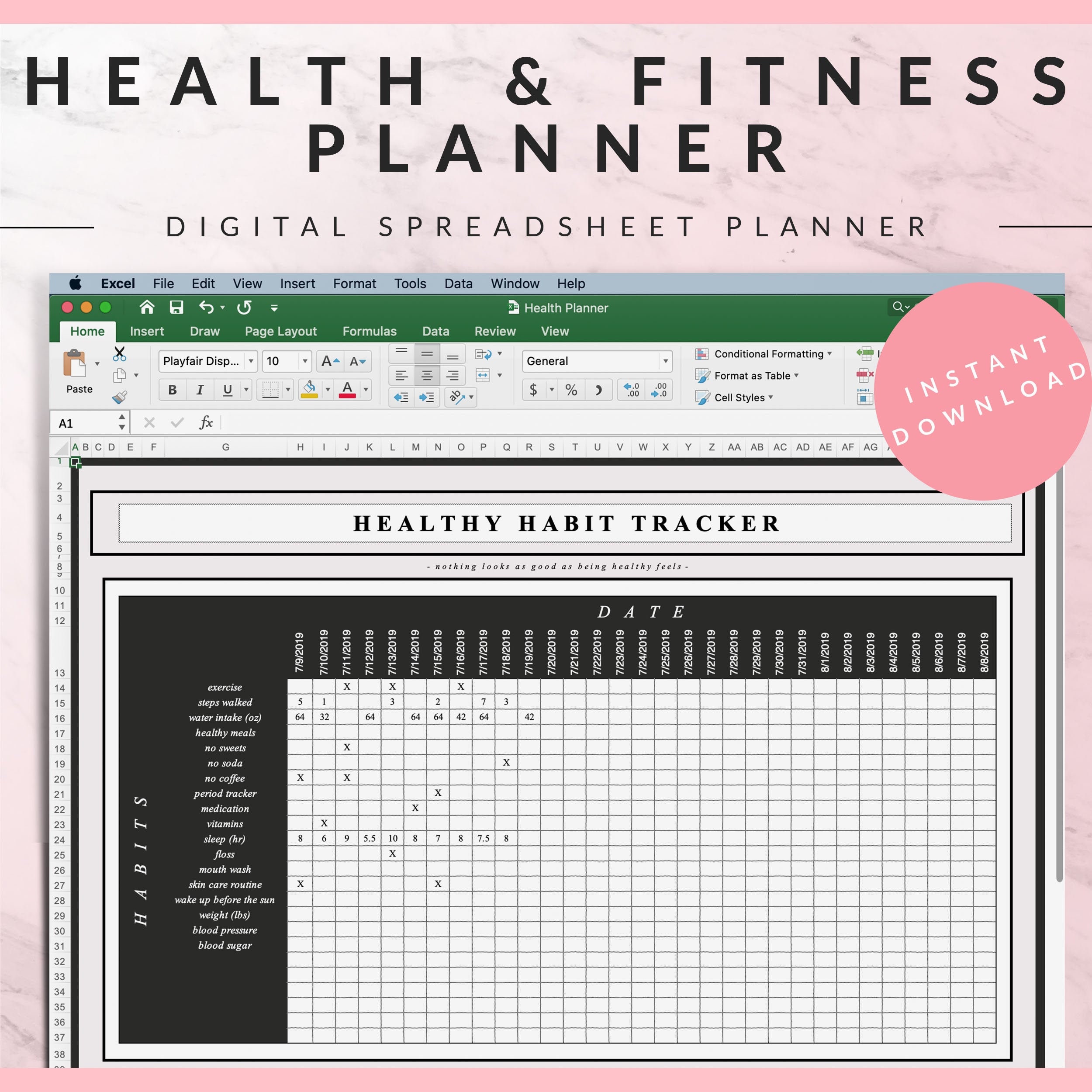 Health Planner Fitness Planner Meal Planner Pink Excel Spreadsheet and ...