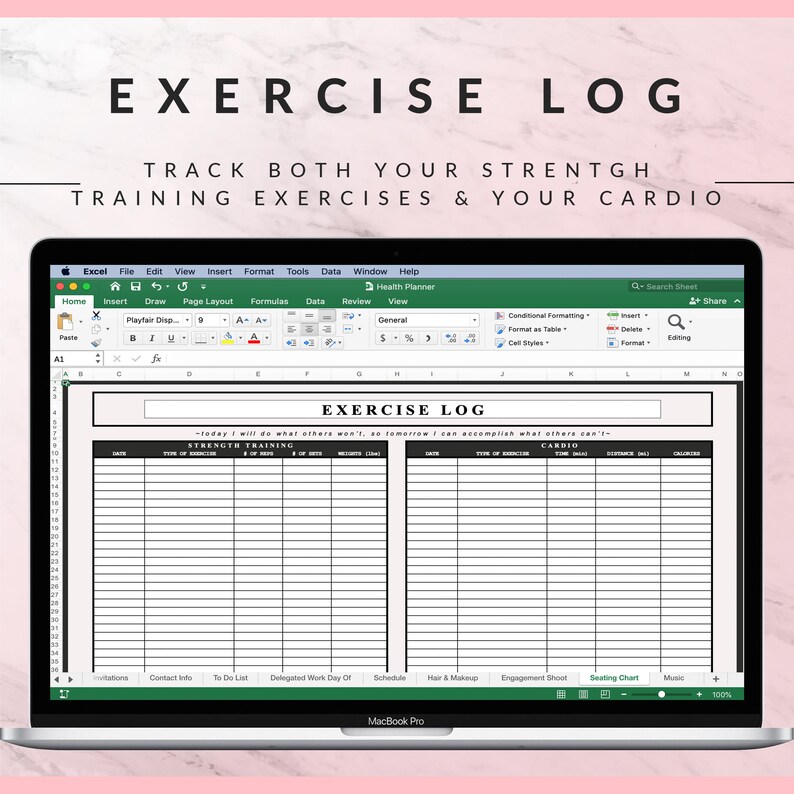 Health Planner Fitness Planner Meal Planner Pink Excel Spreadsheet and ...
