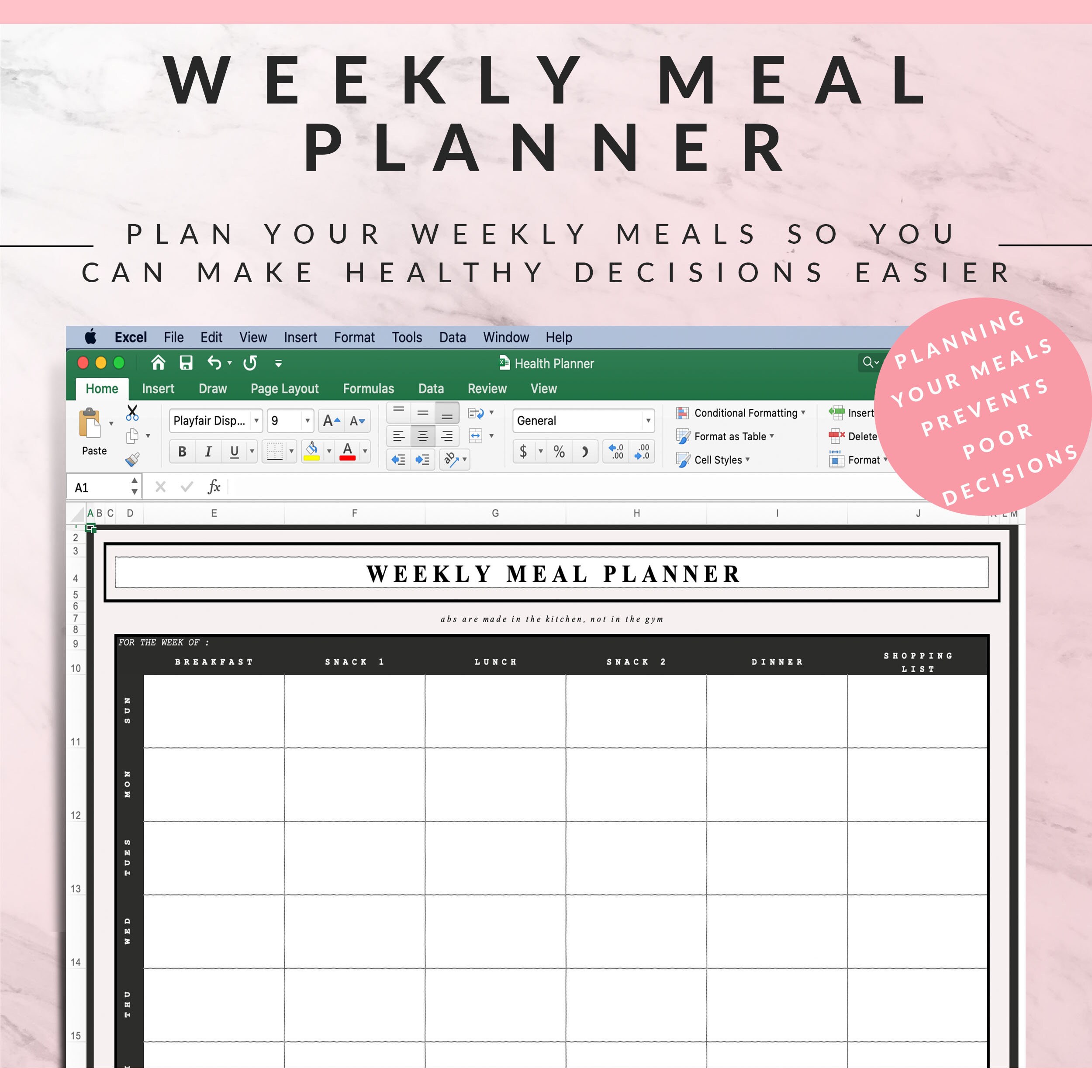 Health Planner Fitness Planner Meal Planner Pink Excel Spreadsheet and ...