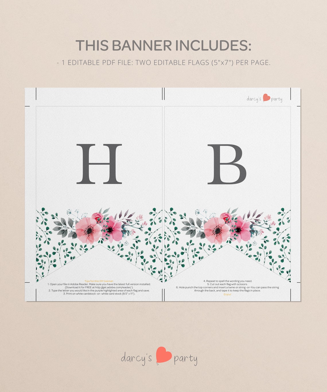 Printable Happy Birthday Banner, Floral Birthday Decoration, Bridal ...