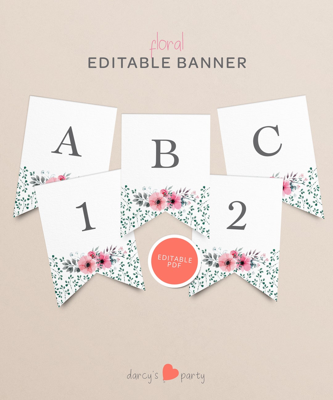 Printable Happy Birthday Banner, Floral Birthday Decoration, Bridal ...
