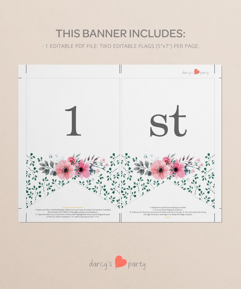 Printable Happy Birthday Banner, Floral Birthday Decoration, Bridal ...
