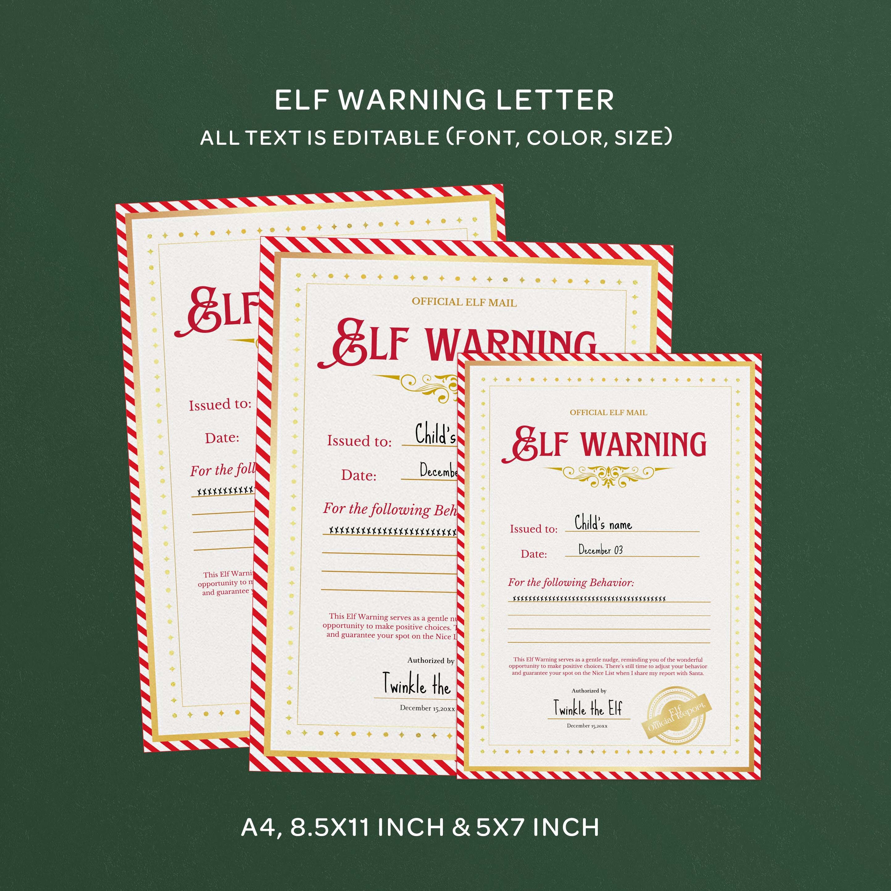 Elf Warning Letter Letter From Elf Printable Customized Elf Behavior ...
