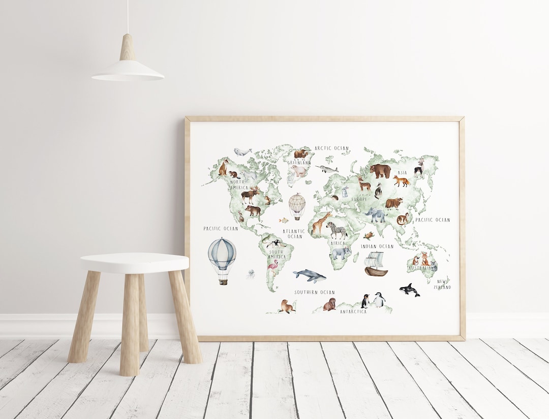 Animal World Map Print, Educational Poster, Nursery Decor,nursery Map ...