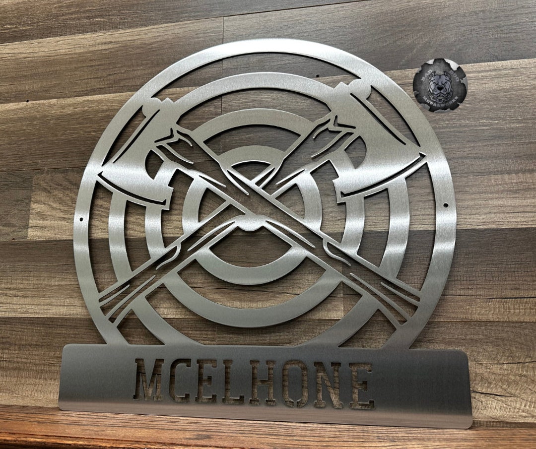 Crossed Axes Throwing Monogram Personalized Metal Sign Bad Dog ...