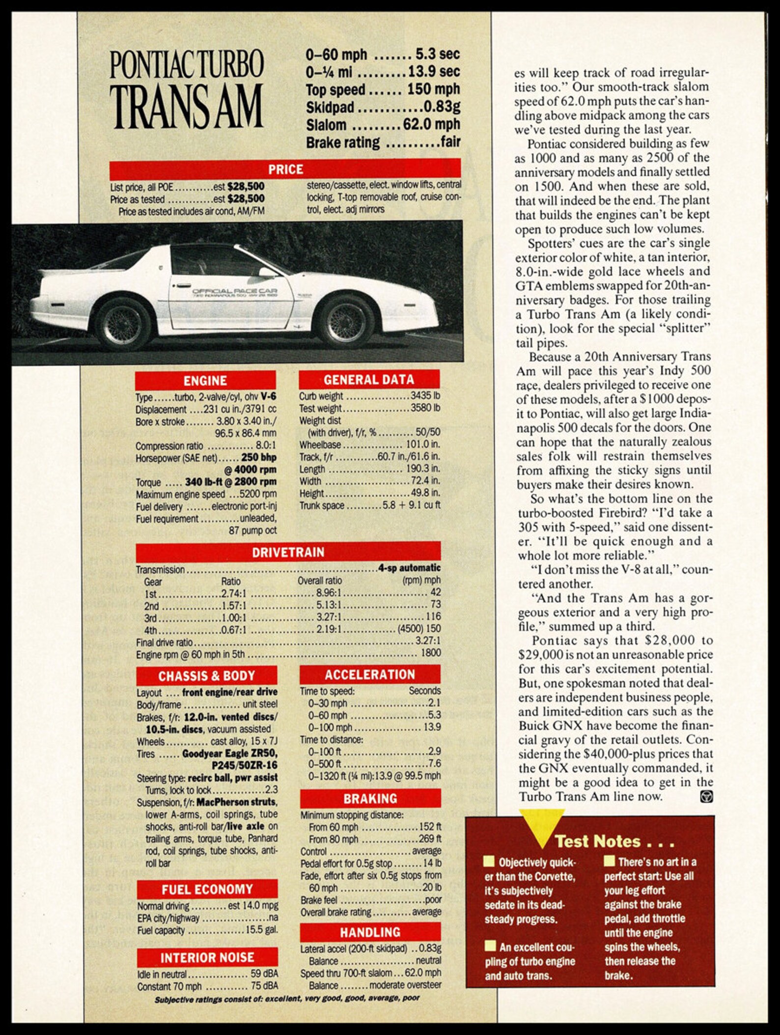 1989 Pontiac Turbo Trans Am Firebird Original Magazine Road Test - Etsy