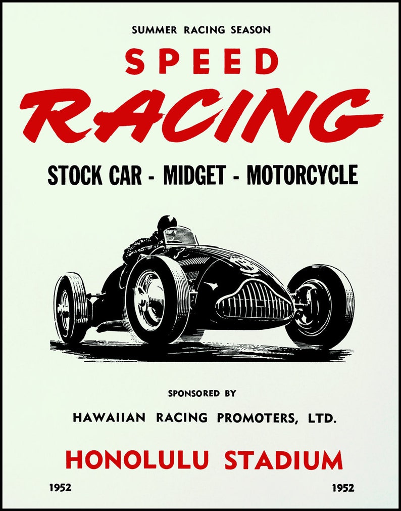 1940's Honolulu Hawaii Stadium Speedway Auto Racing Poster Print - Etsy