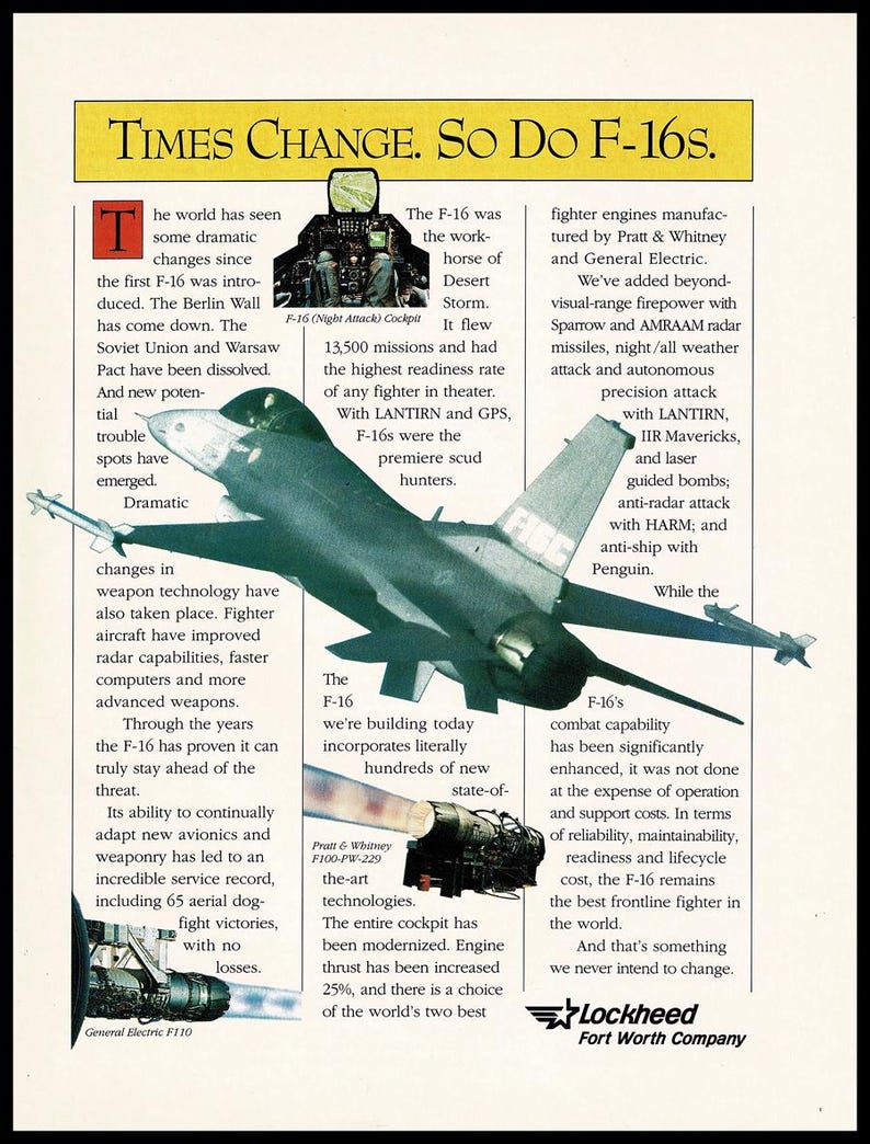 1993 Lockheed F-16 Fighter Aircraft Original Magazine Ad - U.S. Air ...
