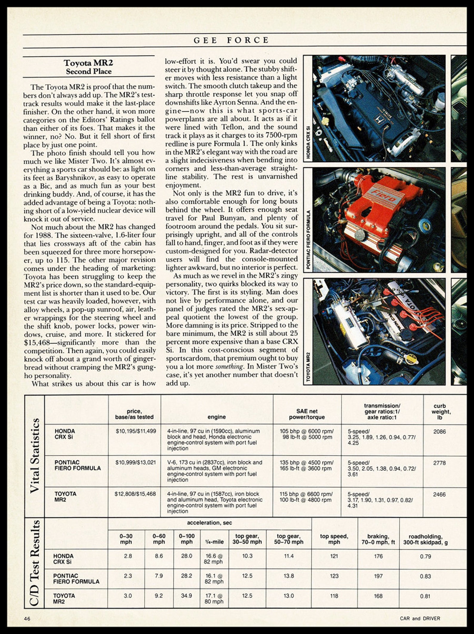 1988 Toyota MR2 Vs. Pontiac Fiero Original Magazine Comparison Road ...
