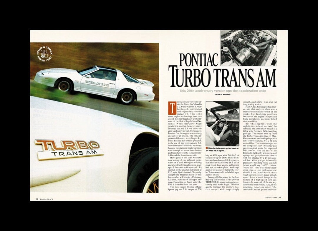 1989 Pontiac Turbo Trans Am Firebird Original Magazine Road Test - Etsy