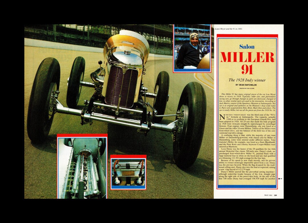 1928 Miller 91 Indy 500 Race Car Magazine Feature Article - 1985 ...