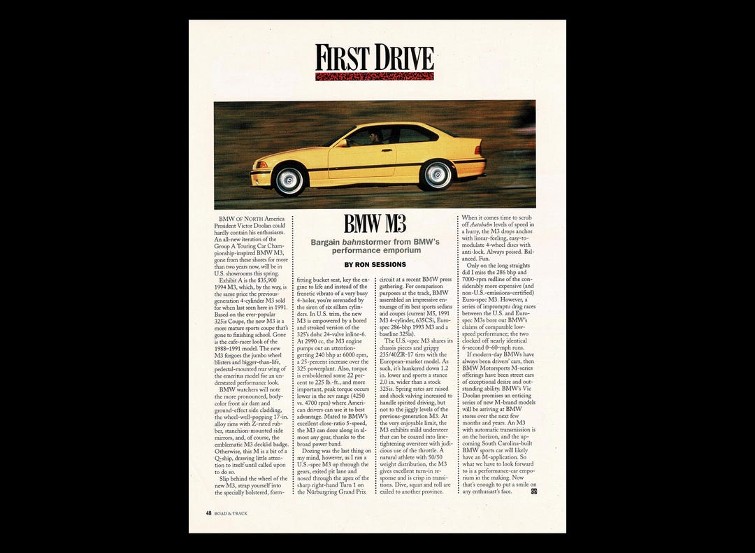1994 BMW M3 Original Magazine "first Drive" Preview Road Test - Etsy