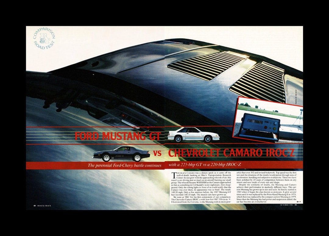 1987 Ford Mustang GT Vs. Chevy Camaro IROC Z28 Original Magazine Road ...