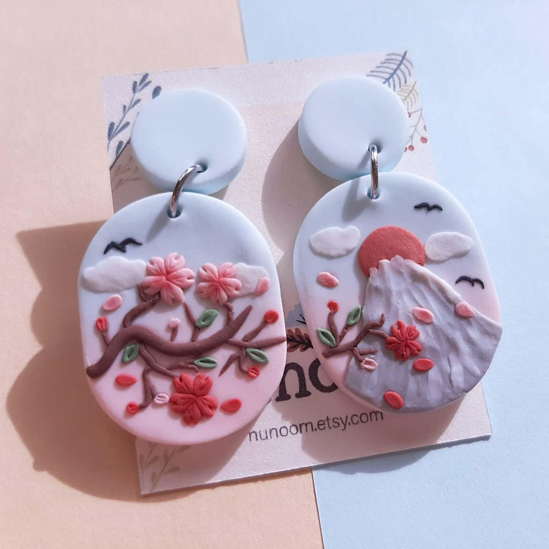 The Sakurazen | Sakura Flower Earrings | Fuji Mountain Earrings | Polymer Clay Earrings ...