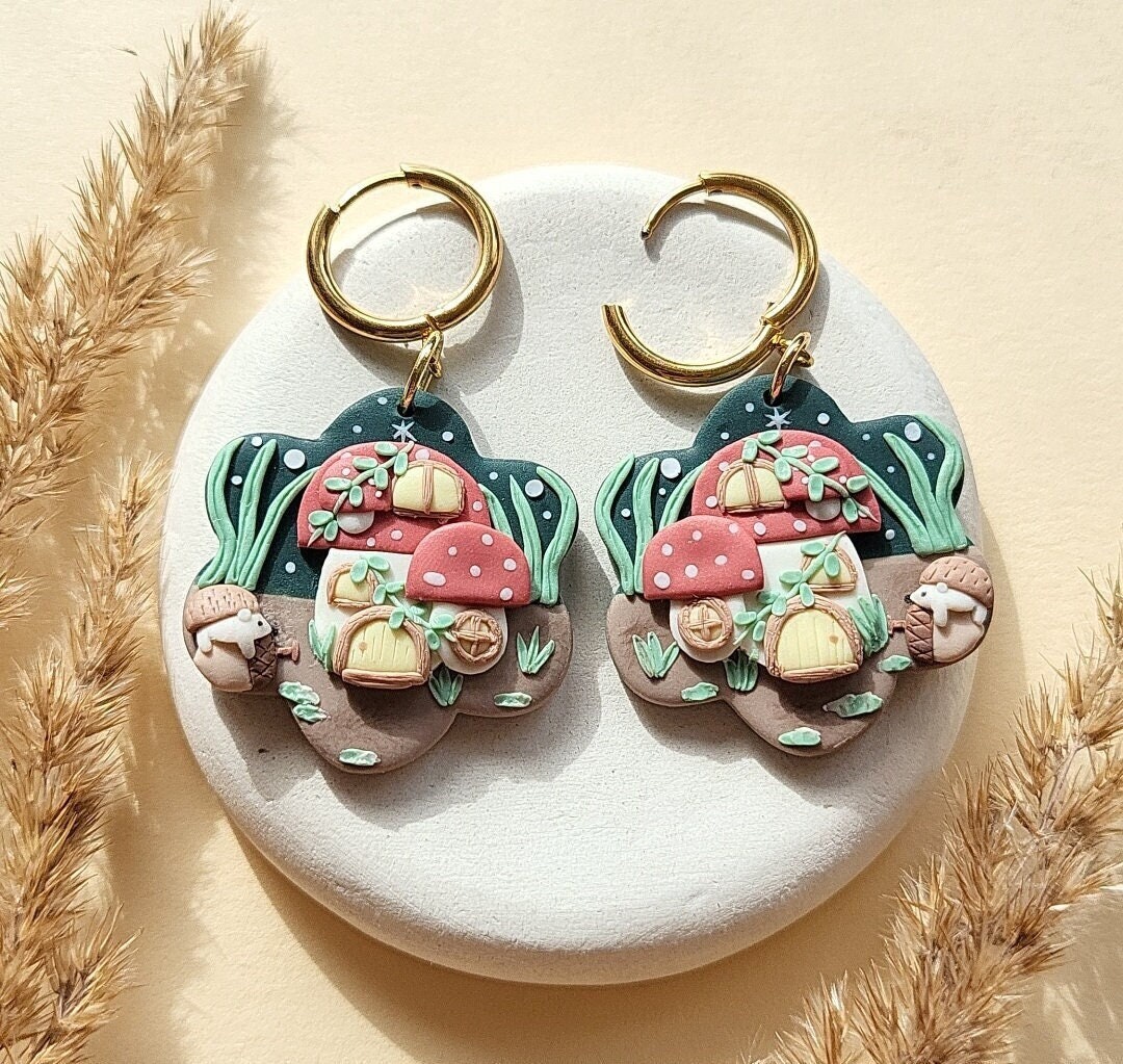 Cottagecore Mushroom House Earrings and Hedgehog Fairy Forest Jewelry ...